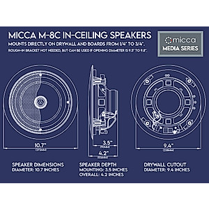 Micca M-8C 2-Way in-Ceiling Round Speaker, 9.4" Cutout Diameter, Whole House Audio, Home Theater, Indoor or Covered Outdoor, 8" Woofer, 1" Tweeter, White, Paintable, Each