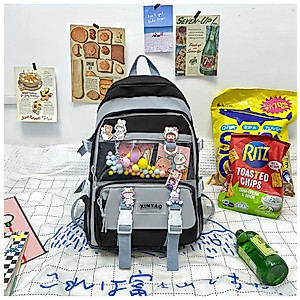 vfdgsaz Cute Kawaii Backpack with cute card plush pendant,Lovely Pastel Rucksack,Aesthetic backpack for girls and teens (black,one size)