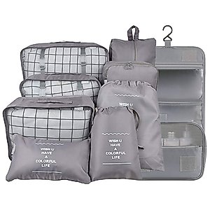 Belsmi 9 Set Packing Cubes with Shoe Bag - Compression Travel Luggage Organizer (9pcs Grey)
