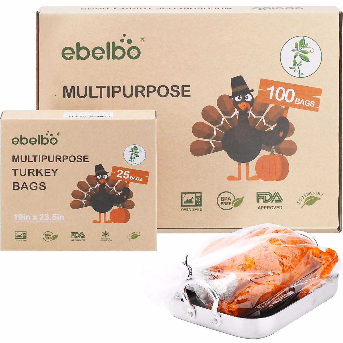 25 Count Ebelbo Nylon Turkey Oven Bags, 19x23.5 Inch Large Size BPA Free up to 400°F for Meats Chicken Seafood Vegetables Cooking Roasting Freezer