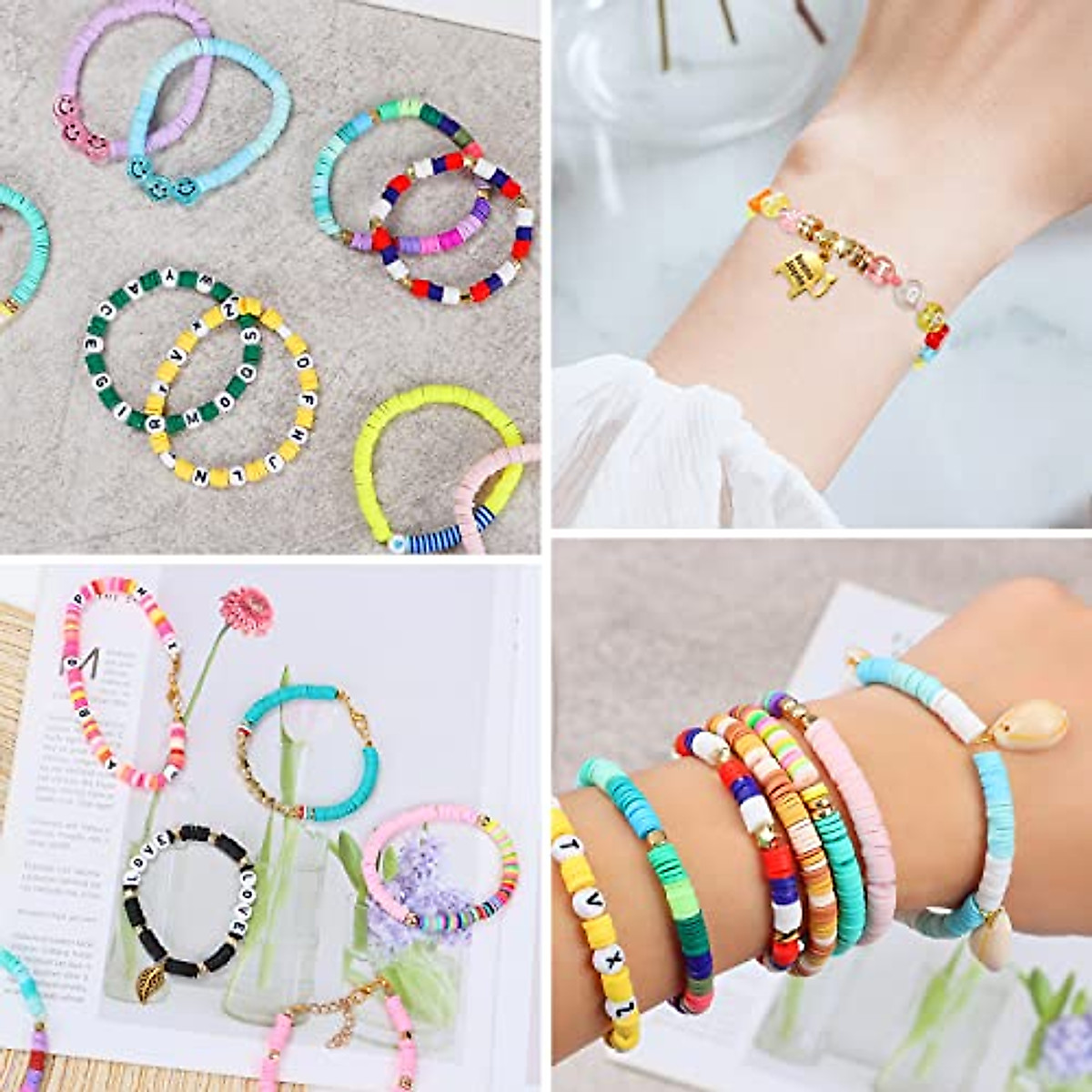 SJZWSD 14400pcs Clay Beads Bracelet Making Kit，56 Colors Flat Round Polymer Clay Beads Heishi Beads ，300pcs Letters Beads for DIY Jewelry Bracelets Necklace Making