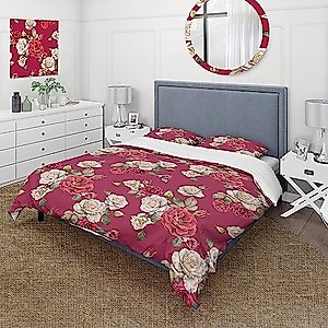 DESIGN ART Designart 'White Roses Pattern On Red Background' Traditional Duvet Cover Set King