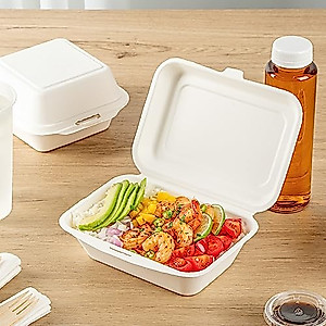 Restaurantware Pulp Safe No PFAS Added 20 Ounce Clamshell Boxes 100 Disposable Containers - Home Compostable Microwavable And Freezable White Bagasse Containers Built-In Hinged Lid