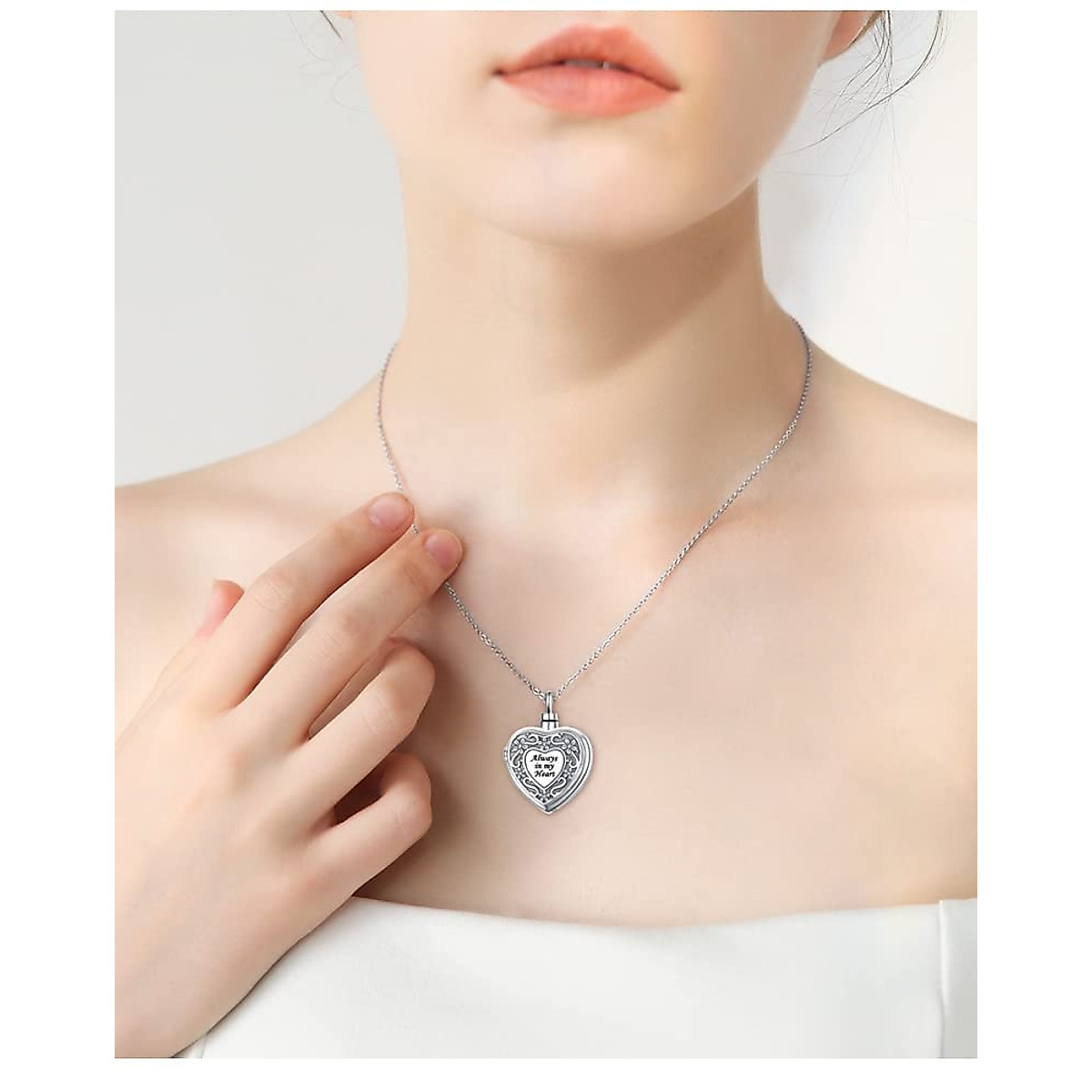 Ashes Locket that Hold Pictures Sterling Silver Urn Necklace for Ashes Always in My Heart Engraved Dainty Filigree Flower Heart Locket Pendant Necklace Memorial Keepsake Cremation Jewelry