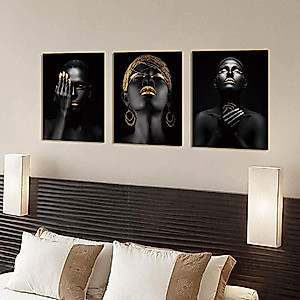 African American Wall Art Painting Black Woman Fashion Pop Gold Earrings Black Set of 3 (8”X10” Canvas Picture) Queen Portrait of Black Woman Room Poster Art Painting Bedroom for Home Decor Gift