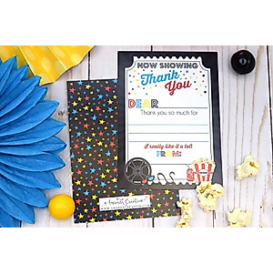 Bold Movie Night Birthday Thank You Notes, Ten 4" x 5.5" Fill In The Blank Cards with 10 White Envelopes by AmandaCreation