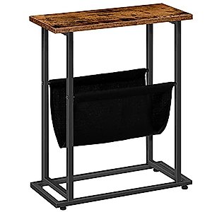 HOOBRO Side Table with Magazine Holder Sling, Narrow End Table, Industrial Slim Nightstand for Small Spaces, Wood Look Accent Table with Metal Frame, Easy Assembly, Rustic Brown and Black BF81BZ01
