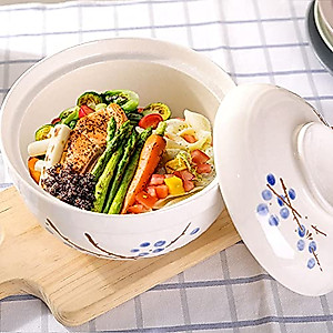 WHJY Japanese Creative Hand-painted Ceramic Tableware with Lid for Soup and Noodles, with Heat Preservation Function, Integrated Bowl and Lid - Blue Plum