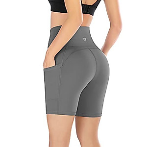 Ewedoos Biker Shorts Women Tummy Control Workout Shorts with 3 Pockets High Waisted Compression Gym Running Yoga Shorts Women Gray