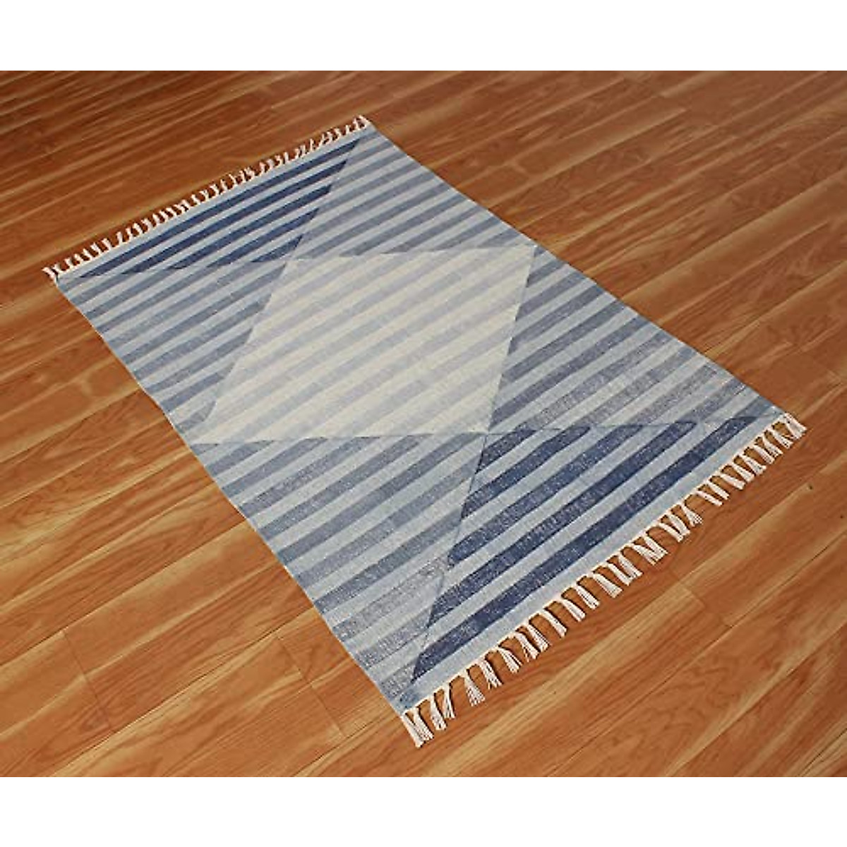 Casavani Hand Block Printed Cotton Dhurrie Striped Blue Tassel Rug Easy Care Washable Rugs for Doormat Entryway Living Room Bedroom Hallway Balcony 2x3 Feet