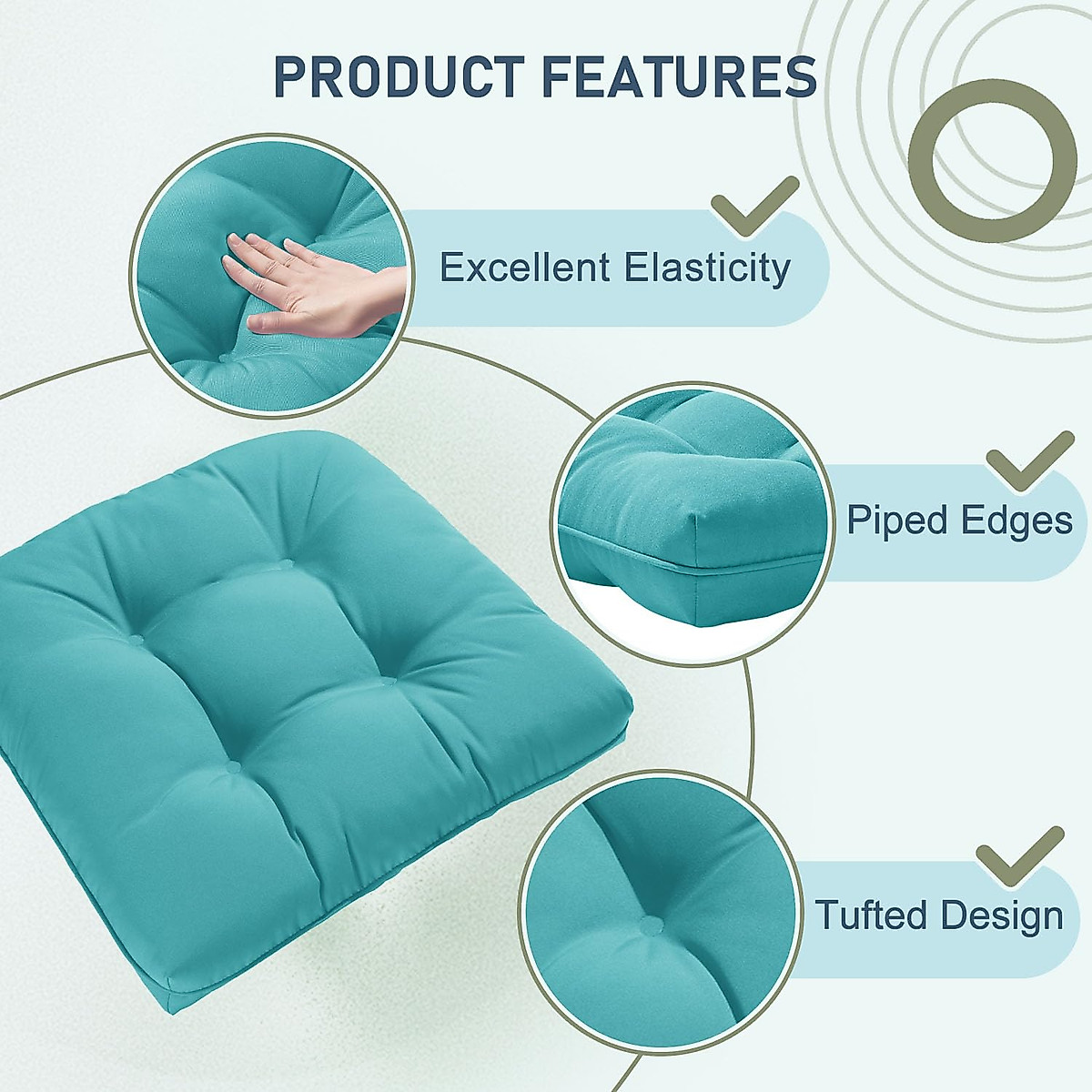 downluxe Outdoor Chair Cushions Set of 2 for Patio Furniture, Waterproof Tufted Overstuffed Patio Furniture Cushions, Memory Foam Outdoor Seat Cushion, 19" X 19" X 5", Teal