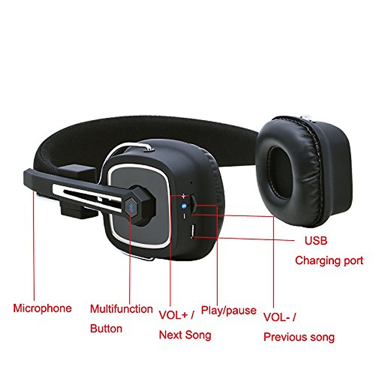 Trucker Bluetooth Headset Wireless with Noise canceling Microphone, On-Ear Wireless Headphones with Mic,Over The Head Earpiece for iOS & Android Mobile Phone, Skype, Truck Drivers, Call Center,Voip