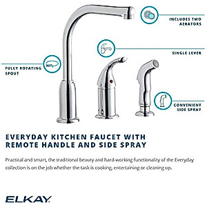 Elkay Everyday LK3001CR Deck Mount Kitchen Faucet with Remote Lever Handle and Side Spray, Chrome