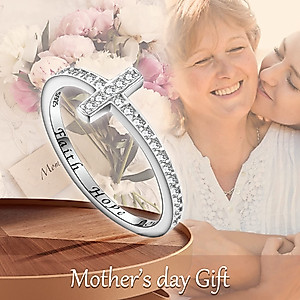 EVER FAITH 925 Sterling Silver Shiny CZ Ring, Engraved Faith Hope Love Sideways Cross Ring for Women -Size 7