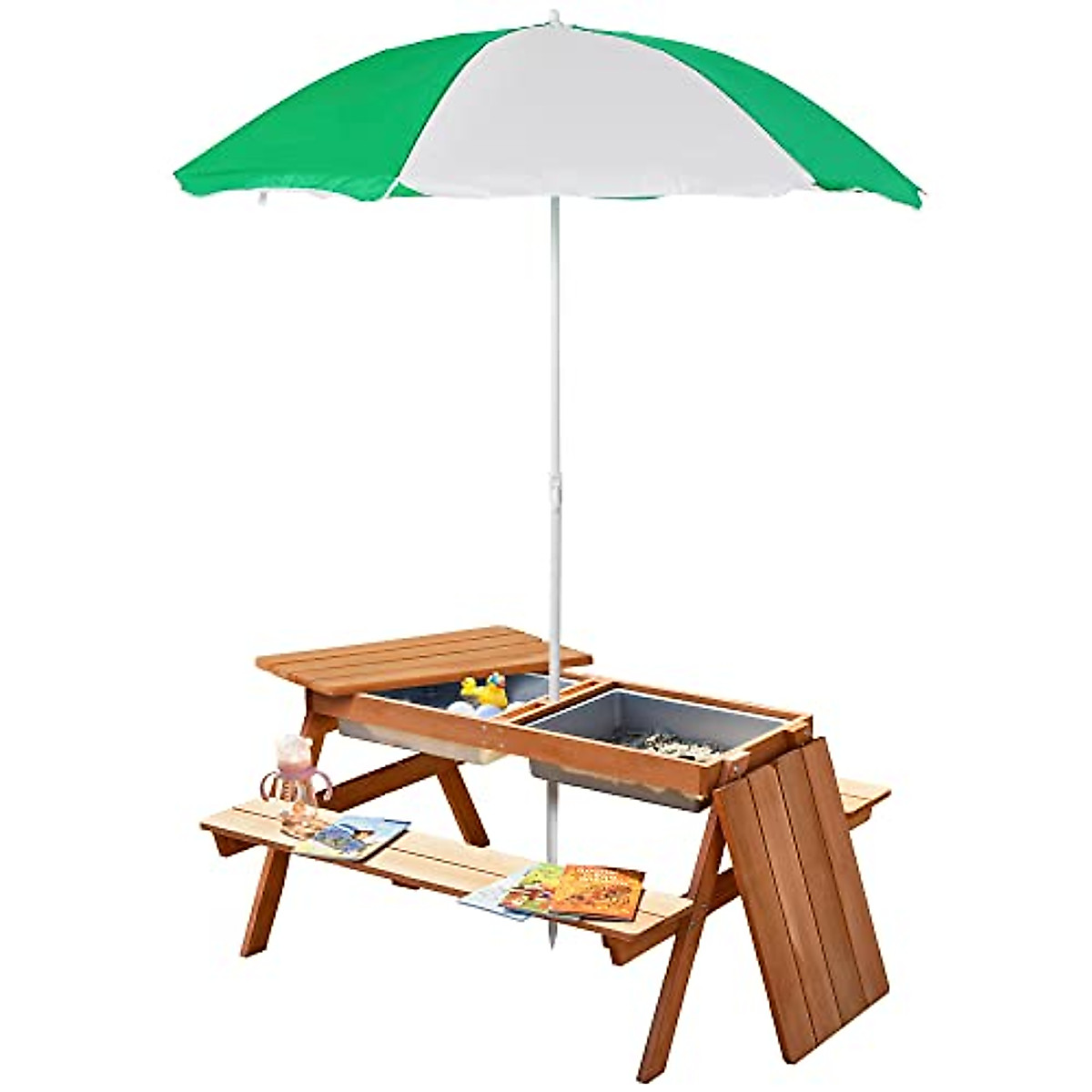 Outsunny Kids Picnic Table with Umbrella and Storage Inside, Sand and Water Table, Kids Outdoor Furniture, Wooden Bench Backyard Furniture for Garden, Patio, or Balcony