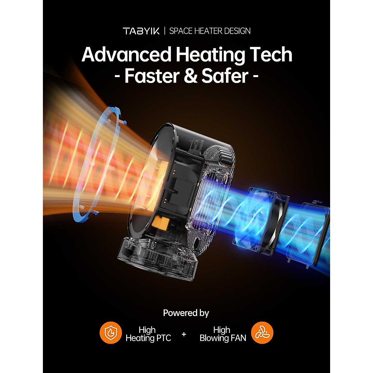 TABYIK Space Heater Indoor, Portable Heater 45° Oscillating Fast Electric Heater with 7 Safety Protections Small Space Heaters for Indoor Use Office Desk Home (Black)