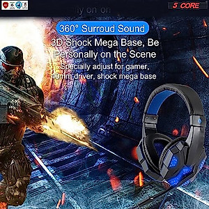 5 CORE Gaming Headset for PS4 PC One PS5 Console Controller, Noise Cancelling Microphone Over Ear Stereo Headphones with Mic, LED Light, Bass Surround, Earmuffs for Laptop Mac NES Games HDP GM1 B