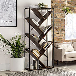 Walker Edison Modern V-Shaped Open Shelf Metal Wood Bookcase Tall Bookshelf Storage Home Office, 68 Inch, Dark Walnut