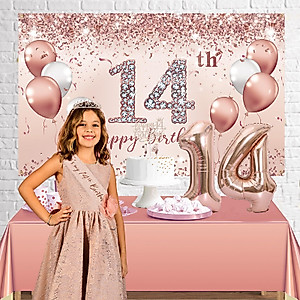 Trgowaul 14th Birthday Decorations Party Set for girls, Rose Gold 14 Birthday Banner and Tablecloth, 14 & Fabulous Sash and Tiara, 1PC Happy 14th Birthday Cake Topper, Pink Gold 14 Number Balloons