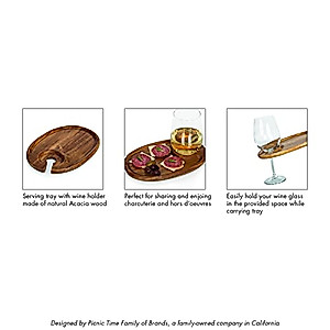 PICNIC TIME TOSCANA -Wine Appetizer Plates, Cocktail Plate with Glass Holder, Cheese Board with Wine Holder, (Acacia Wood), 9 x 6, Set of 4
