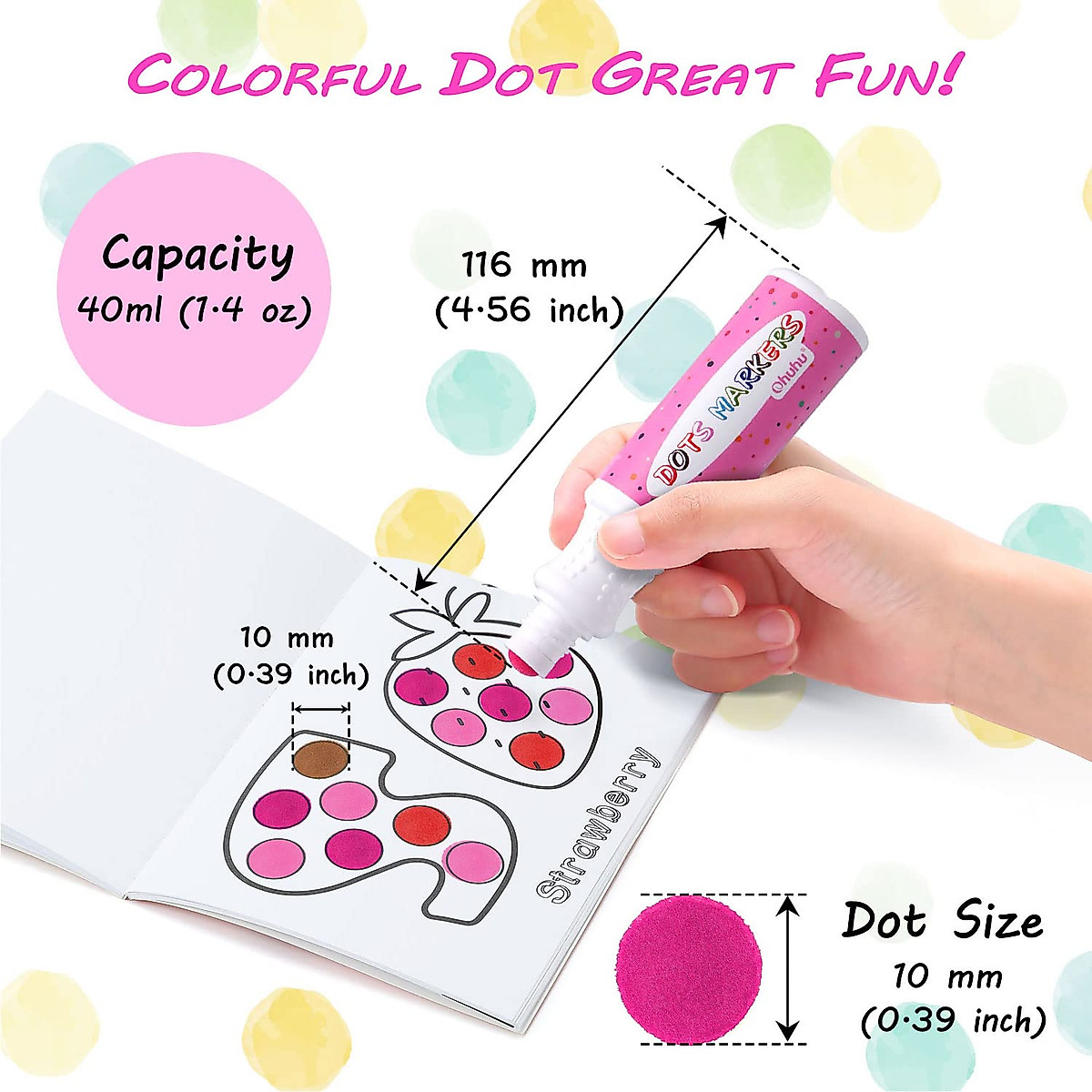 Ohuhu Washable Dot Markers for Toddler 12 Colors Bingo Daubers 40 ml (1.41 oz) with 30 Pages Kids Activity Book for Kids Children (3 Ages +) Preschool Non-Toxic Water-Based Dot Art Markers