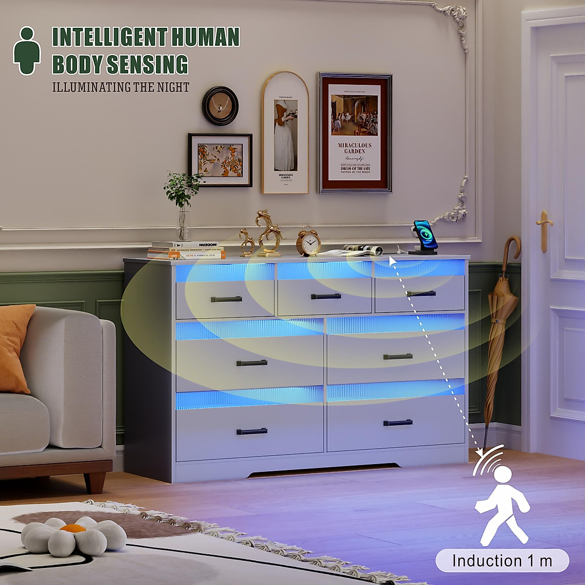 Dystler 7 Drawers Dresser for Bedroom, Large Chest of Drawers with LED Light, Modern Dresser with USB & Type-c Charging Ports, Wood Dresser Organizer for Bedroom, Living Room, Hallway, Grey