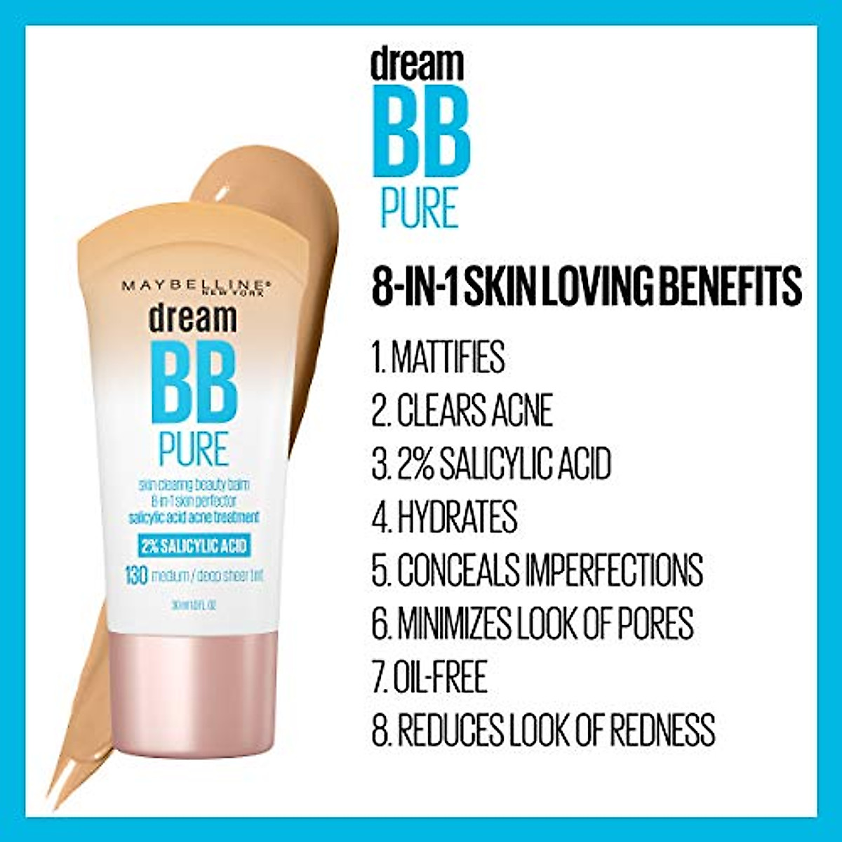 Maybelline Dream Pure Skin Clearing BB Cream, 8-in-1 Skin Perfecting Beauty Balm With 2% Salicylic Acid, Sheer Tint Coverage, Oil-Free, Light, 1 Count