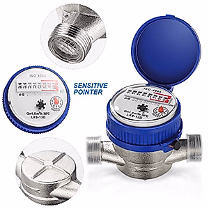 Hemobllo Water Meter Water Flow Meter Cold Water Meter for Garden and Home Use, Measures in Cubic Meter, DN15, 1/2" NPT Couplings