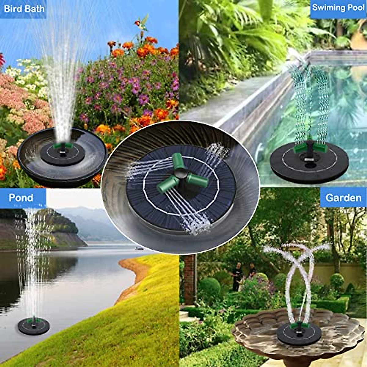 PHIAMOLY 4W Solar Water Foutain with 6 Colorful LED Lights Solar Powered Fountain with 5 Nozzles for Bird Bath, Pond, Pool,Garden, Outdoor