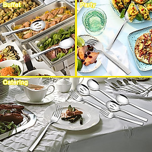 Square Serving Utensils Set of 6, E-far Stainless Steel 8.7 Inch Hostess Serving Set, Metal Serving Spoon Slotted Spoons Forks for Party Buffet Catering, Mirror Finished & Dishwasher Safe