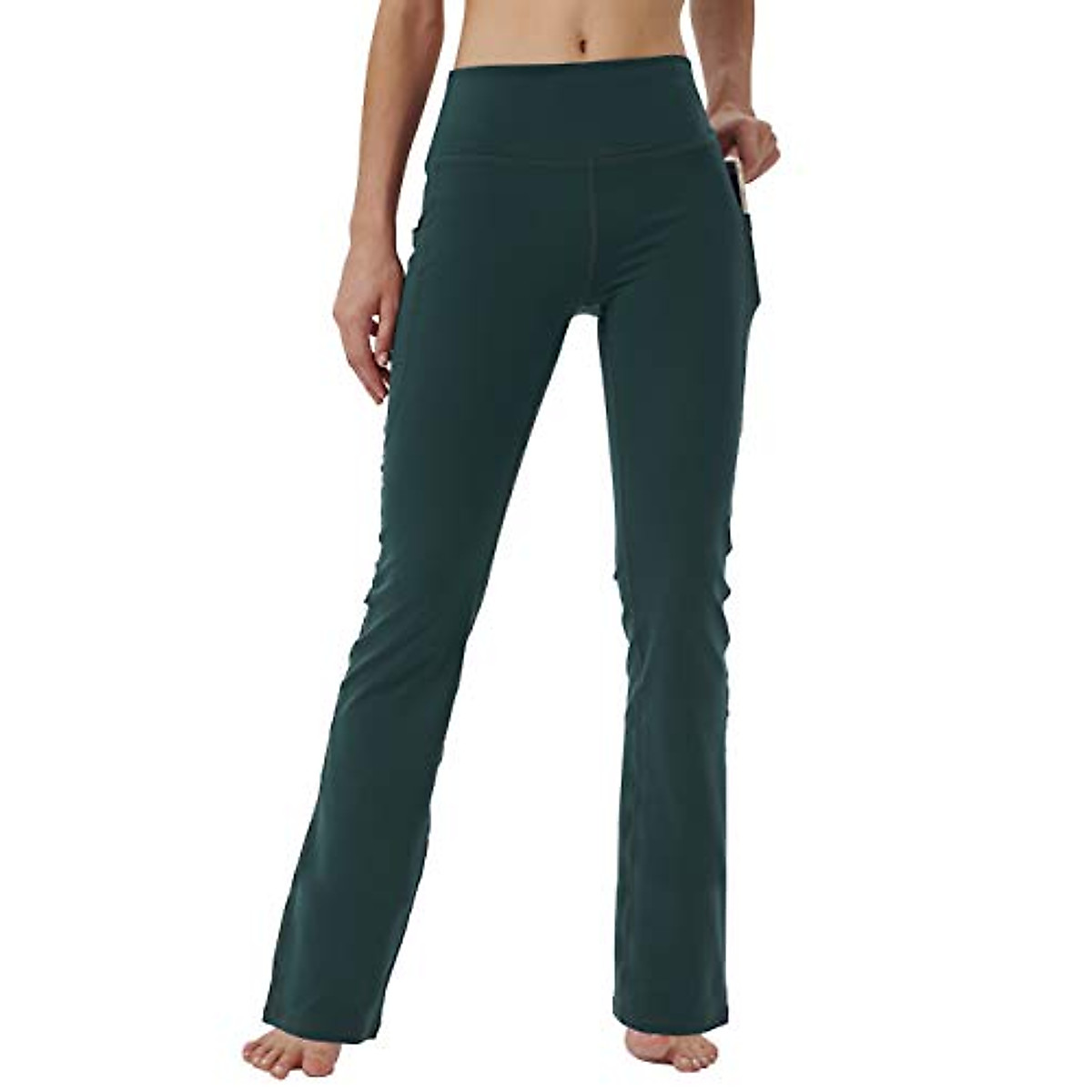Keolorn Women's Bootleg Yoga Pants with Hidden Pockets Tummy Control Running Legging Long Bootcut (Green, 3X-Large)