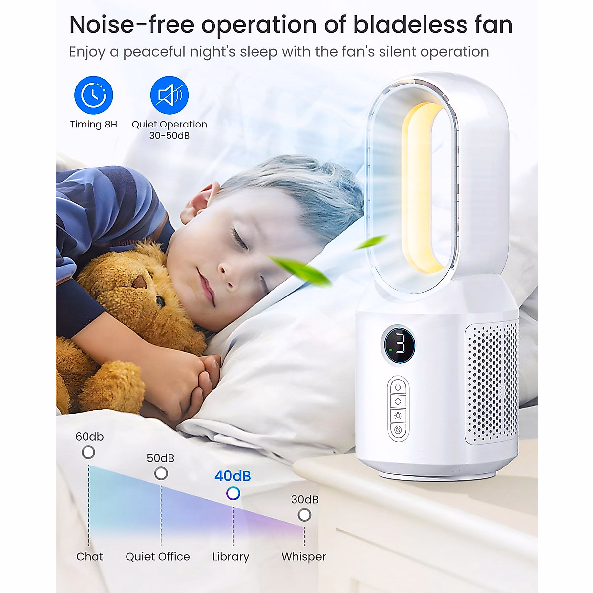 let'me Desk Fan, 106° Oscillating Fan for Indoors,Bladeless Fan with 3 Speeds, Small Office Fan with LED Light, 13 Inch Personal Small Fan for Bedroom Home Office Desktop