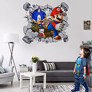 2022 Mario Play Game with Sonic 3D Break The Wall Stickers for Living Room Kids Room Wall Decor Boys Girl Gift Bedroom Poster Mural Wallpaper Removable PVC Wall Stickers (23" x 25")