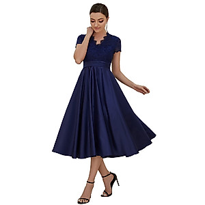 Ever-Pretty Women's Plus Size Lace V-Neck Wedding Party Dress Formal Dresses Short Navy Blue US18