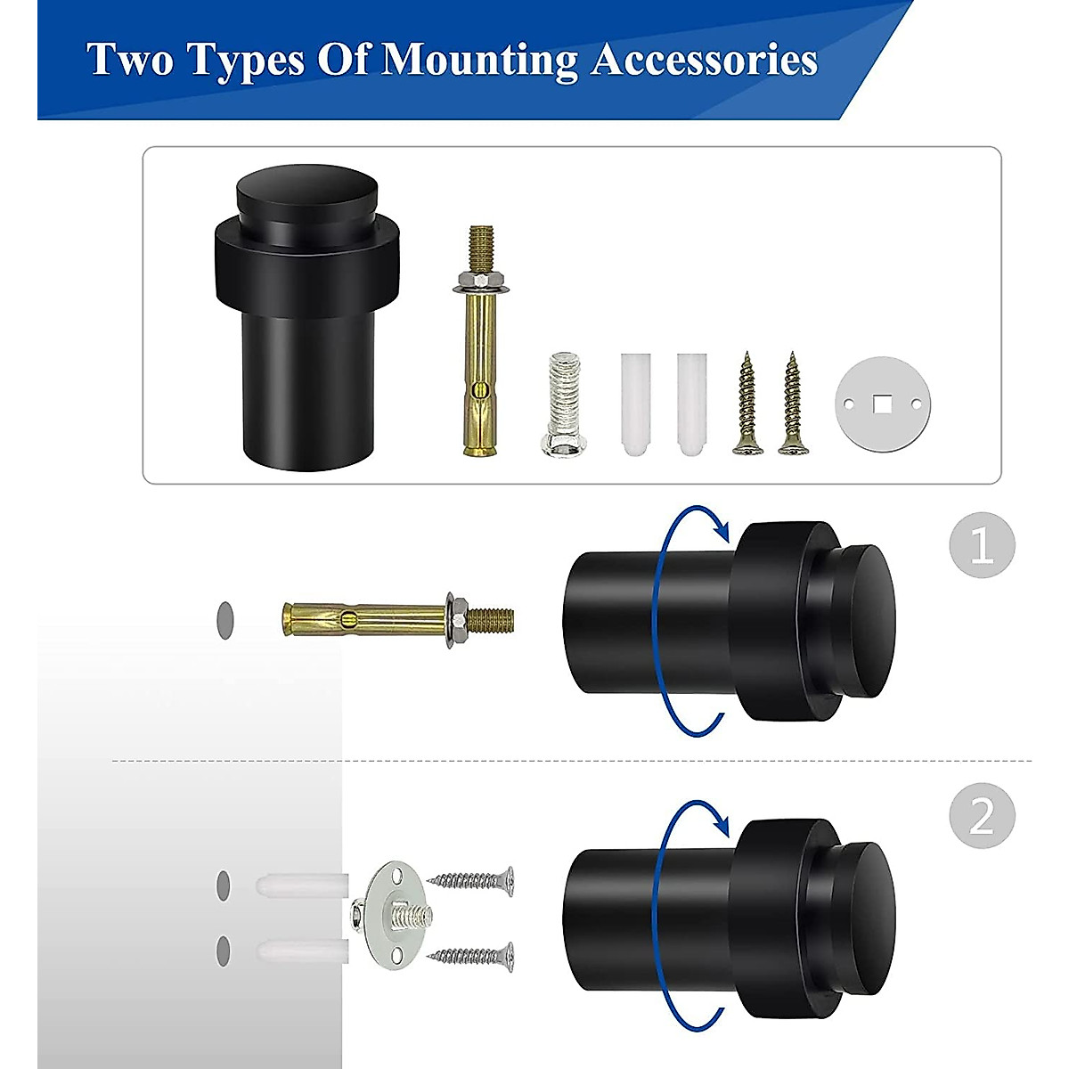 KOLAKO Door Stopper Cylindrical Floor Door Stop Black Rubber Door Stoppers Brushed Modern Decorative Heavy Duty Solid Doorstop Bumper Wedge Wall Protector 2.5Inch 4 Pack