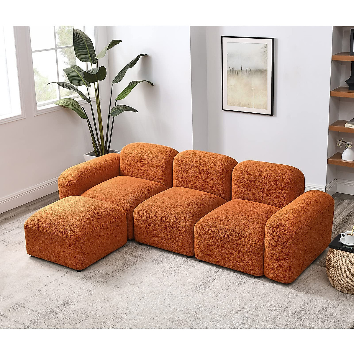 Taiweny Convertible Modular Sectional Sofa, Teddy Fabric L-Shaped Modern Bubble Couch with Ottoman, 3-Seater Sherpa Teddy Sofas for Living Room Apartment, 94”, Orange