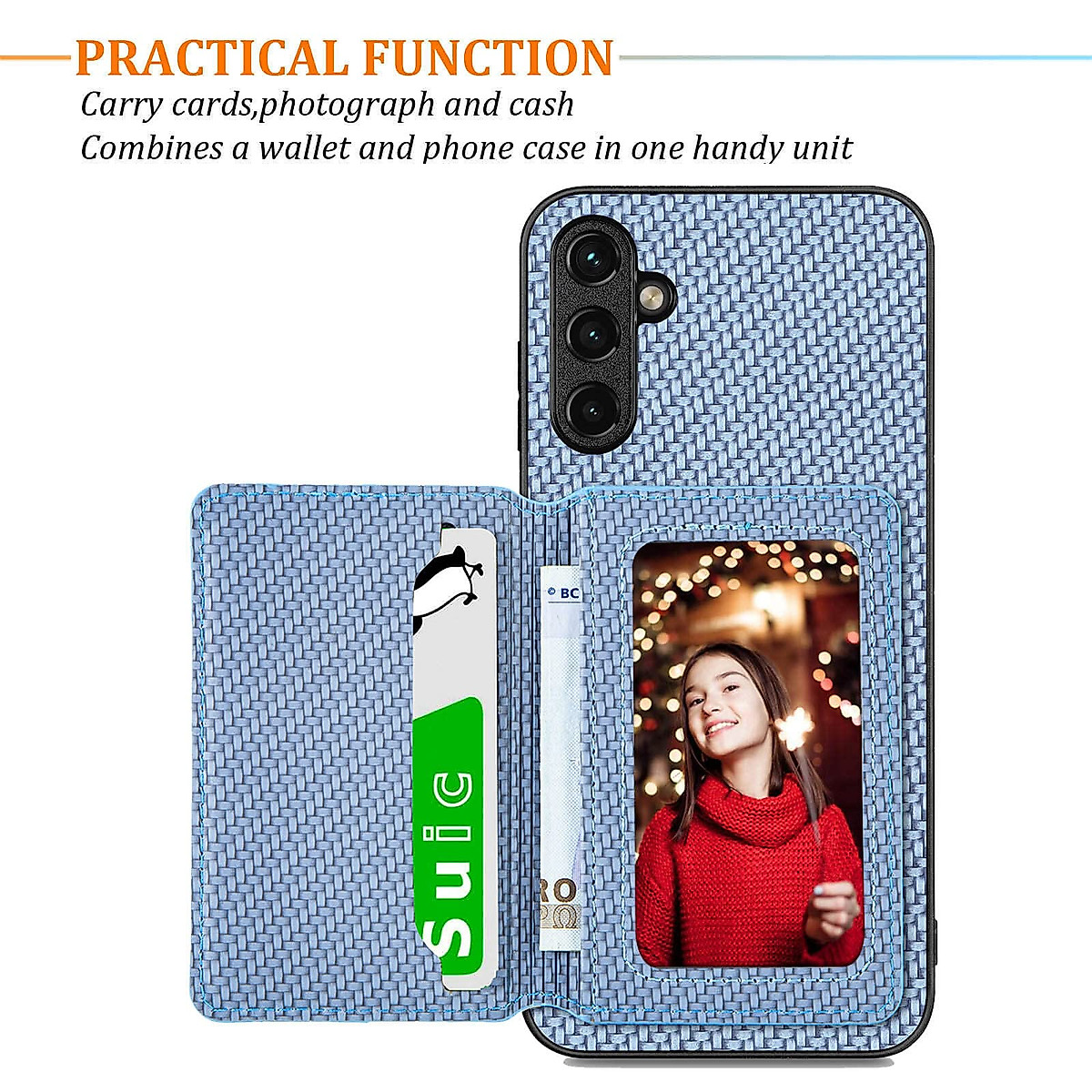 JanCalm for Samsung Galaxy A14 Case Card Holder, RFID Blocking, Kickstand, Camera Protector, PU Leather Shockproof Protective Flip Cover Phone Case (Blue)