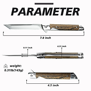 Ogival Pocket Knife for Men, 3.5 inch Folding Knife with Wooden Handle and Leather Sheath, Edc ​Tanto Knife for Men and Women
