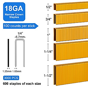 SimCos 18 Gauge 1/4" Narrow Crown Staples (1-1/2",1-1/4" 1", 3/4", 1/2"), Galvanized Assorted Sizes for 18 GA Pneumatic or Electric Stapler or Staple Gun,Project Pack (Assembly 3000)
