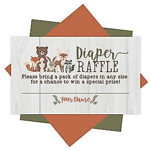 Hadley Designs - Rustic Woodland Animals Baby Shower Invitations, Book Request Baby Shower Guest Book Alternative, Diaper Raffle Tickets - 25 Cards