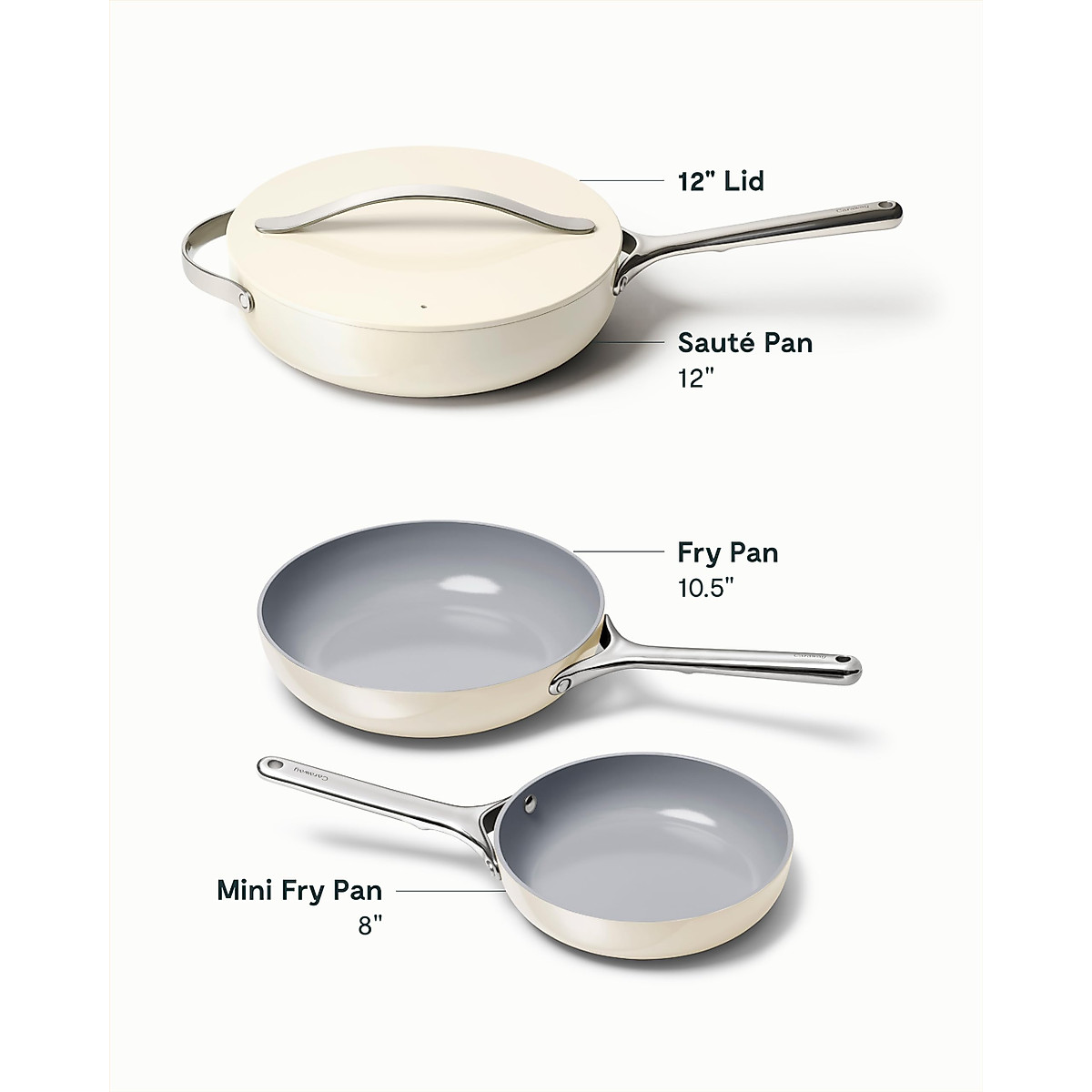 Caraway Fry Pan Trio - Non-Stick Frying Pans (10.5” & 8”) & Non-Stick Saute Pan - Non Toxic, PTFE & PFOA Free - Oven Safe & Compatible with All Stovetops (Gas, Electric & Induction) - Cream