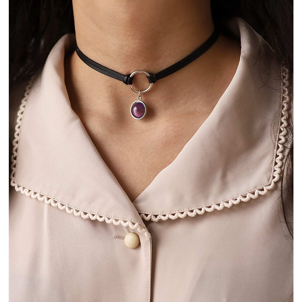 Sacina Gothic O ring Crystal Choker Necklace, Faux Leather Choker, Jewelry Gift for Women