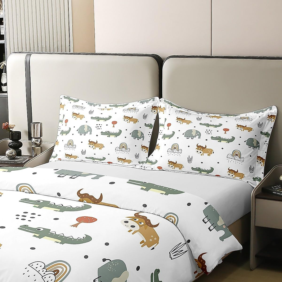 Cartoon Cows 100% Nature Cotton Duvet Cover,Boys Crocodile Elephant Farmhouse Animals Bedding Set for Room Decor,Watercolor Rainbow Jungle Plants All Season Bedding with Zipper Closure Twin Size