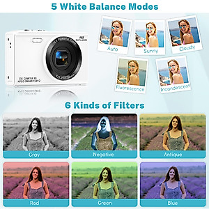 Digital Camera, Saneen 4K WiFi Kids Cameras for Photography, Compact Camera with 32GB SD Card, 16X Digital Zoom, 2.8" Big Screen, 2 Rechargeable Batteries, 4K 2.7K 1080P & 64MP 48MP 30MP-White