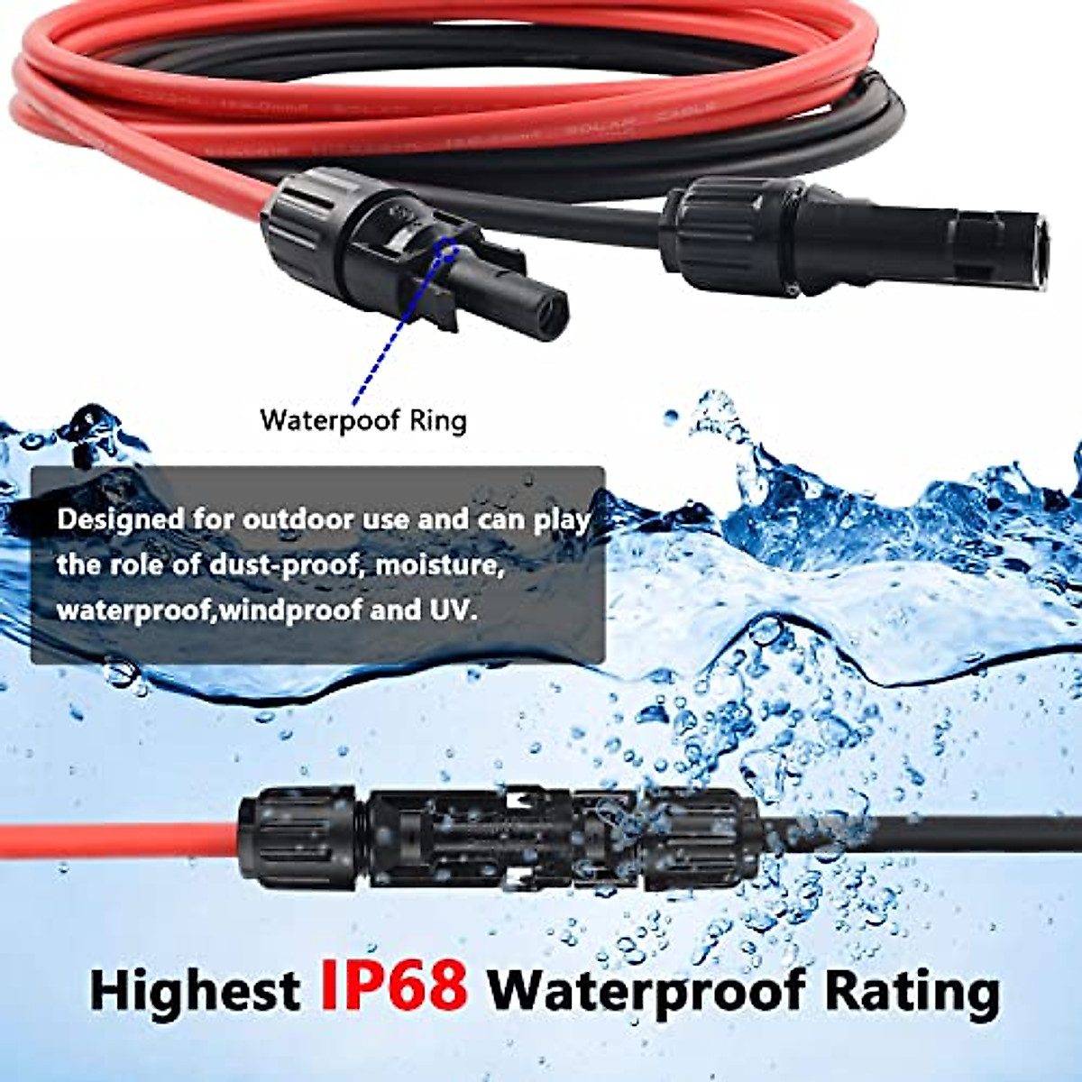 Solar Extension Cable Aimyzii 1 Pair(10Ft Red + 10Ft Black) 10AWG(6mm²) Solar Panel Cable MC4 Extension Cable with Female and Male Connectors