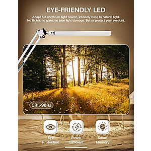 LED Desk Lamp, Adjustable Swing Arm Desk Light with Clamp, 3 Modes &10 Brightness, Study Clamp Light for Architect Kids, Memory Function, Bright Desk Lamps for Home Office Read Room Desktop, White-14W