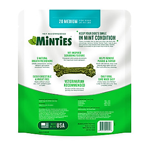 Minties Dental Chews for Dogs, 20 Count, Vet-Recommended Mint-Flavored Dental Treats for Medium Dogs 25-50 lbs, Dental Bones Clean Teeth, Fight Bad Breath, and Removes Plaque and Tartar
