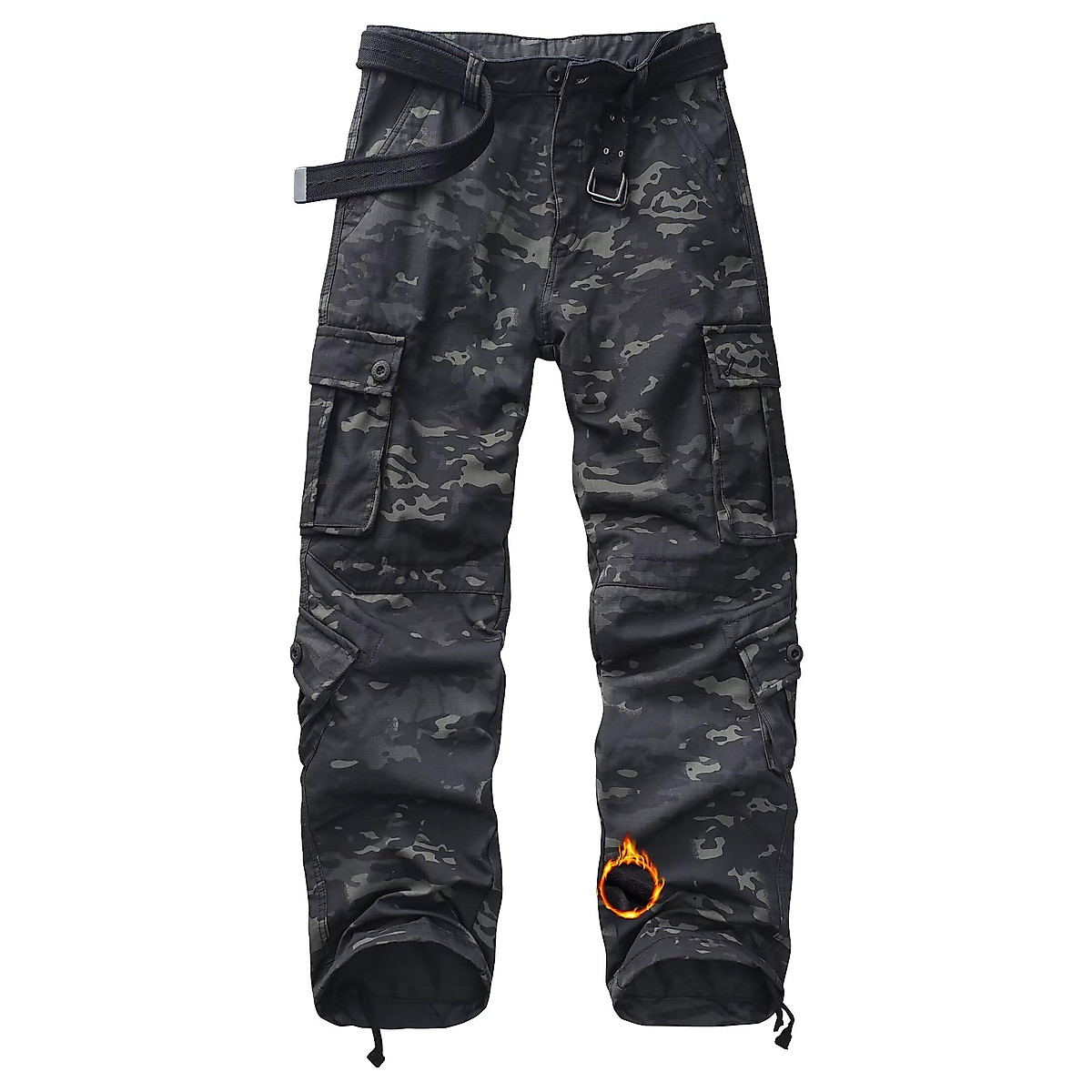 GSGGIG Men's Fleece Lined Camo Hiking Tactical Ripstop Pants Winter Outdoor Work Cargo Pants with 8Pockets No Belt JR55 Black CP CAMO 32