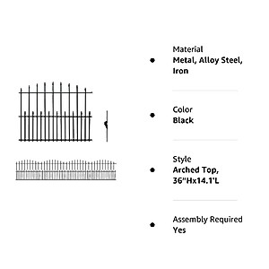 Black Steel Decorative Garden Fence Panels, Metal Fence Animal Barrier 36 in H x14.1 ft Long Landscape Border Fence Arched Top, Dog Fence Barrier