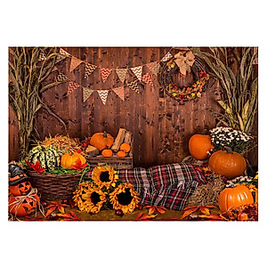 Funnytree 7x5ft Fall Thanksgiving Photography Backdrop Rustic Wooden Floor Barn Harvest Background Autumn Pumpkins Maple Leaves Sunflower Baby Portrait Party Decoration Photo Studio Booth Props